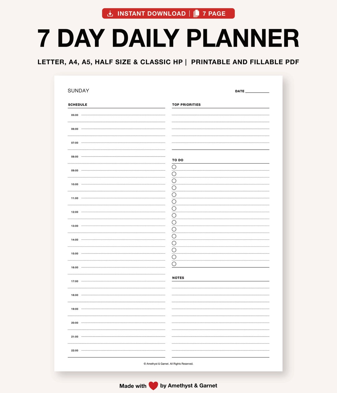 7 Day Planner, 24 Hour Daily Planner Printable, Daily to Do List for ...