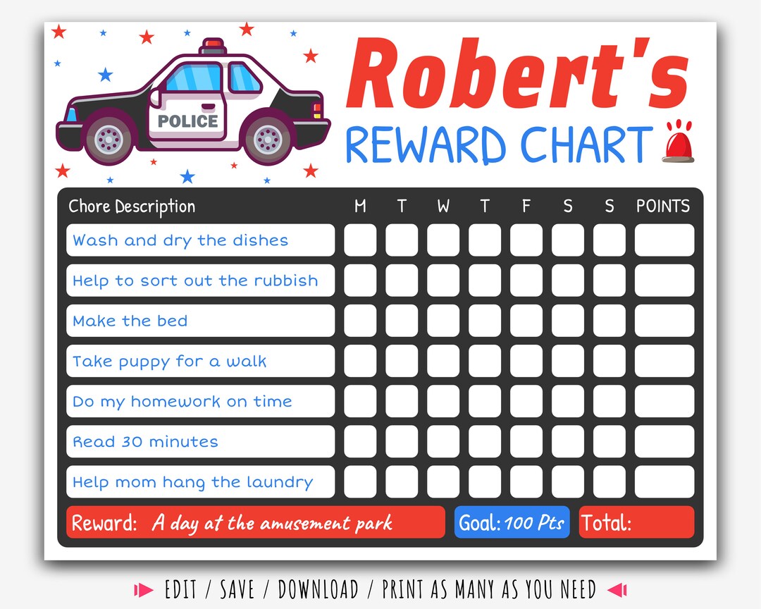 EDITABLE Policeman Reward Chart, Behavior Chart, Daily Chore Chart ...