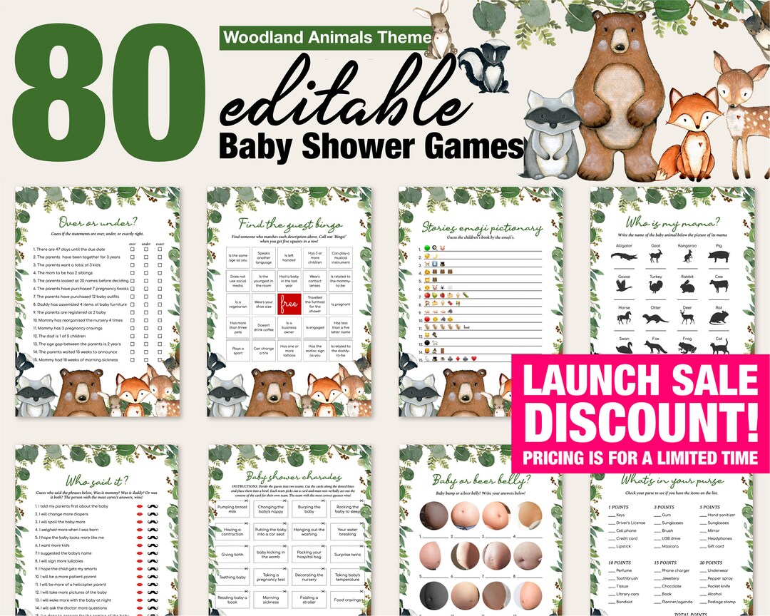 Woodland Forest Animals Baby Shower Games Bundle Woodland Animals Baby ...