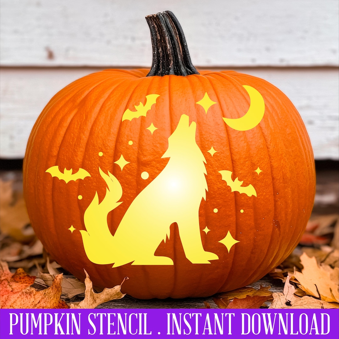 Wolf Howling Pumpkin Stencil, Wolf Pumpkin Stencil, Spooky Halloween ...