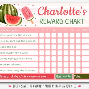 Watermelon Editable Reward Chart, Behavior Chart, Daily Chore Chart ...
