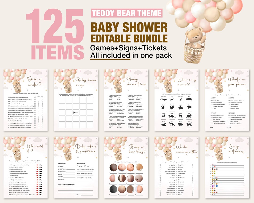 Teddy Bear Baby Shower Games, Girl Baby Shower Games Bundle, Pink ...