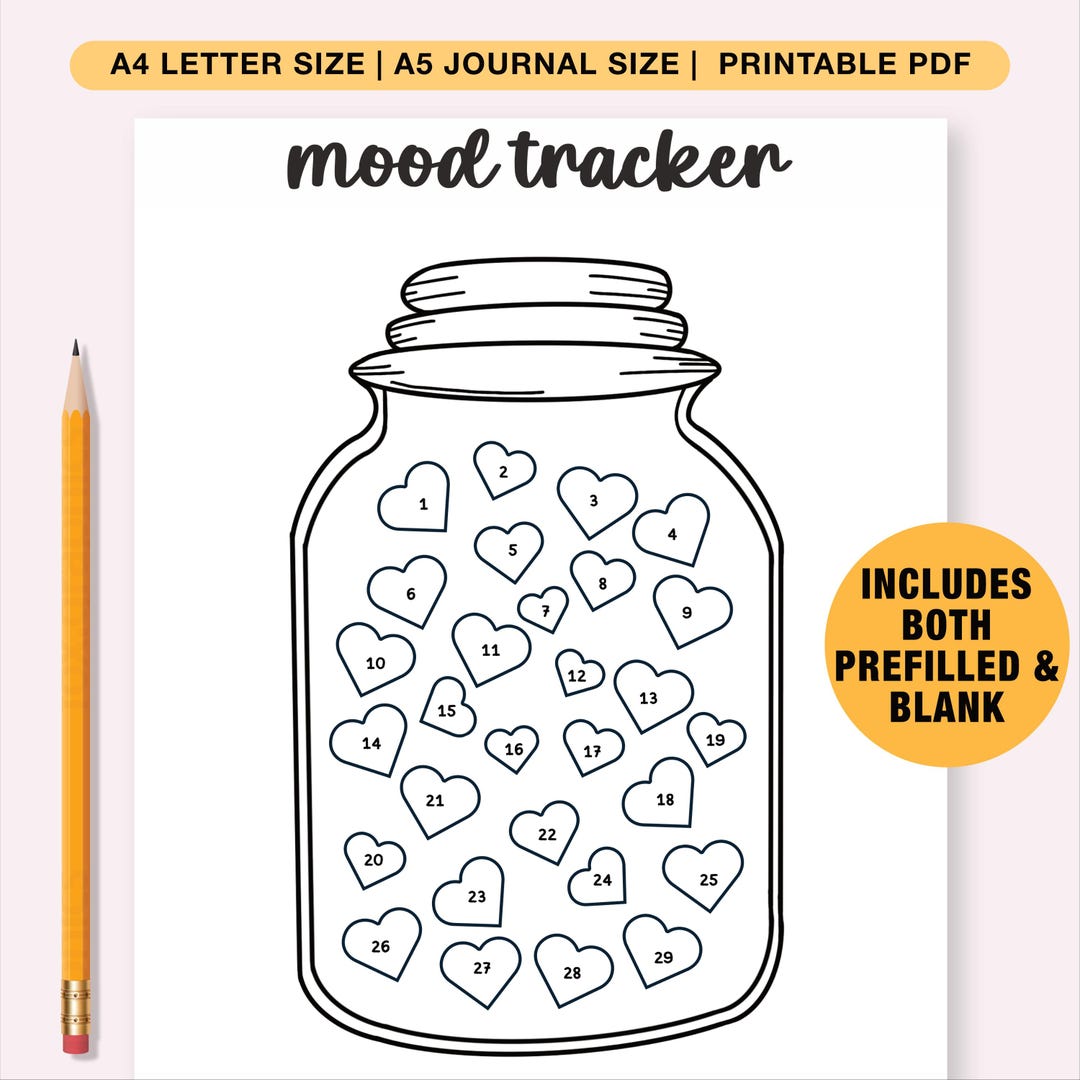 Jar of Hearts Mood Printable Tracker Monthly Journal Page Planner Page ...