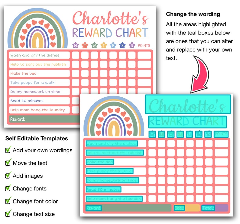 Rainbow Chore Editable Reward Chart Behavior Chart Daily - Etsy