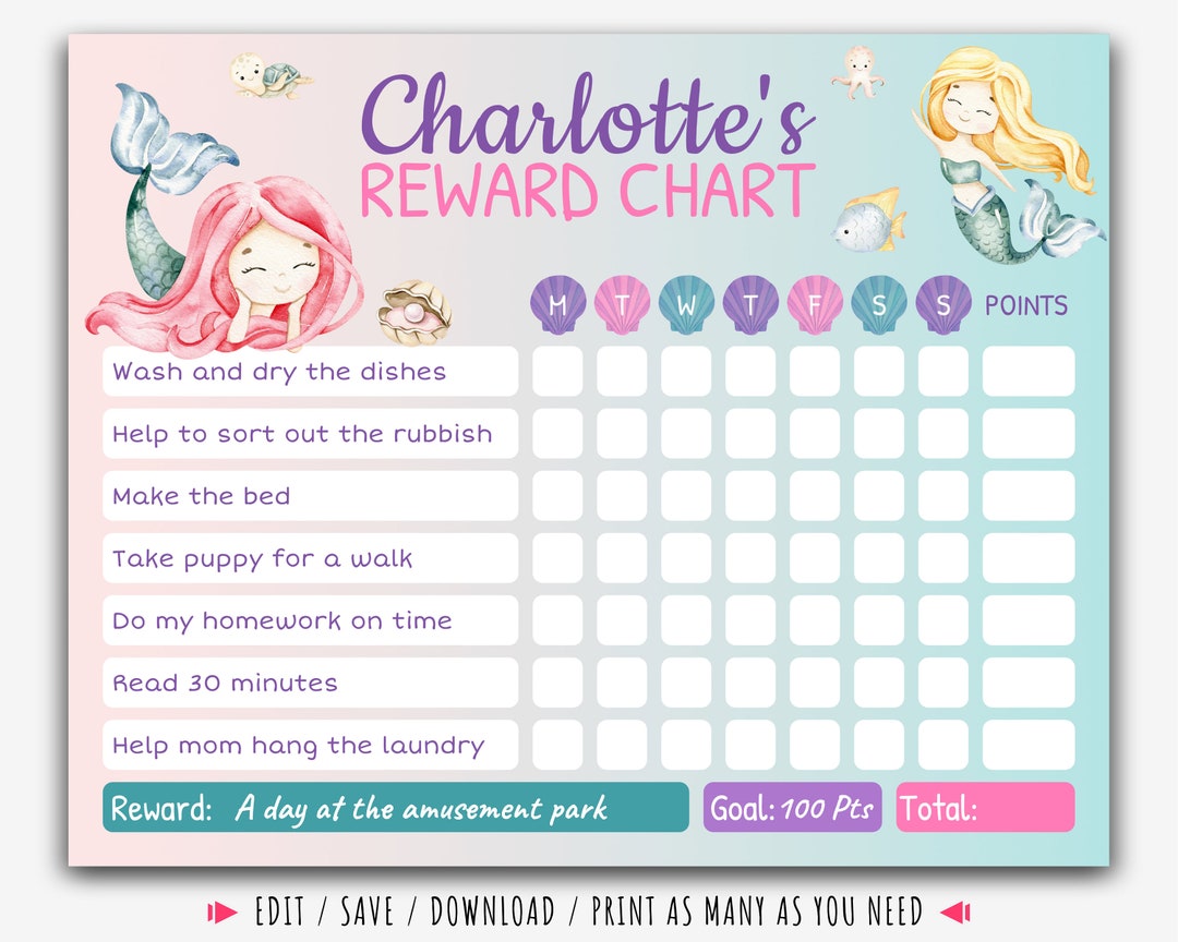 Mermaid Cute Reward Chart, Behavior Chart, Daily Chore Chart Printable ...