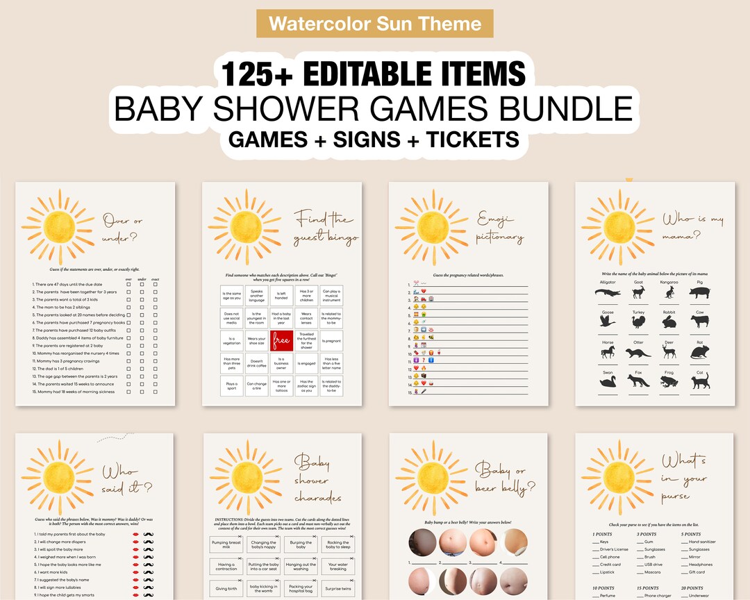 Boho Hand Drawn Watercolor Sun Baby Showergame Bundle, Here Comes the ...
