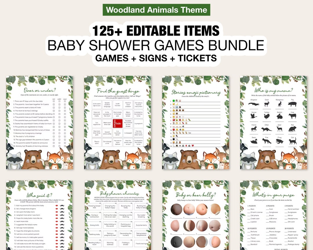Woodland Forest Animals Baby Shower Games Bundle Woodland Animals Baby ...