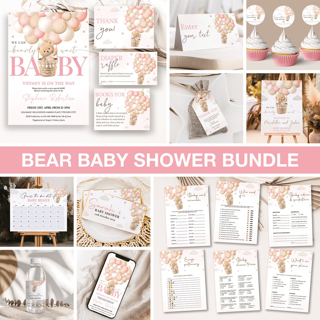 Teddy Bear Baby Shower Games, Girl Baby Shower Games Bundle, Pink ...