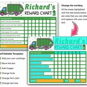 EDITABLE Garbage Reward Chart, Behavior Chart, Daily Chore Chart ...
