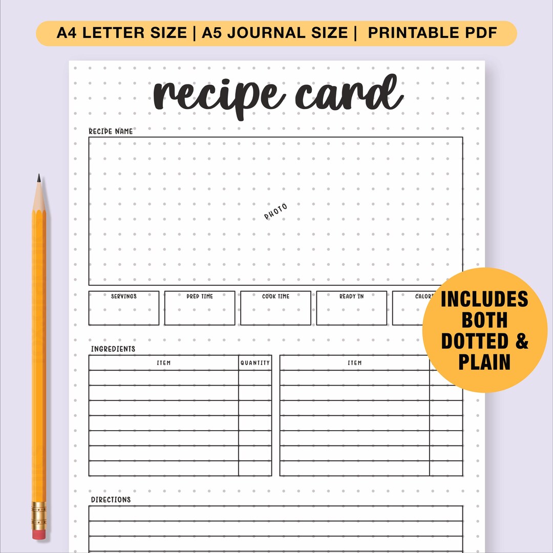 Recipe Card Template Printable, Blank Recipe Page, Cook Book Journal ...