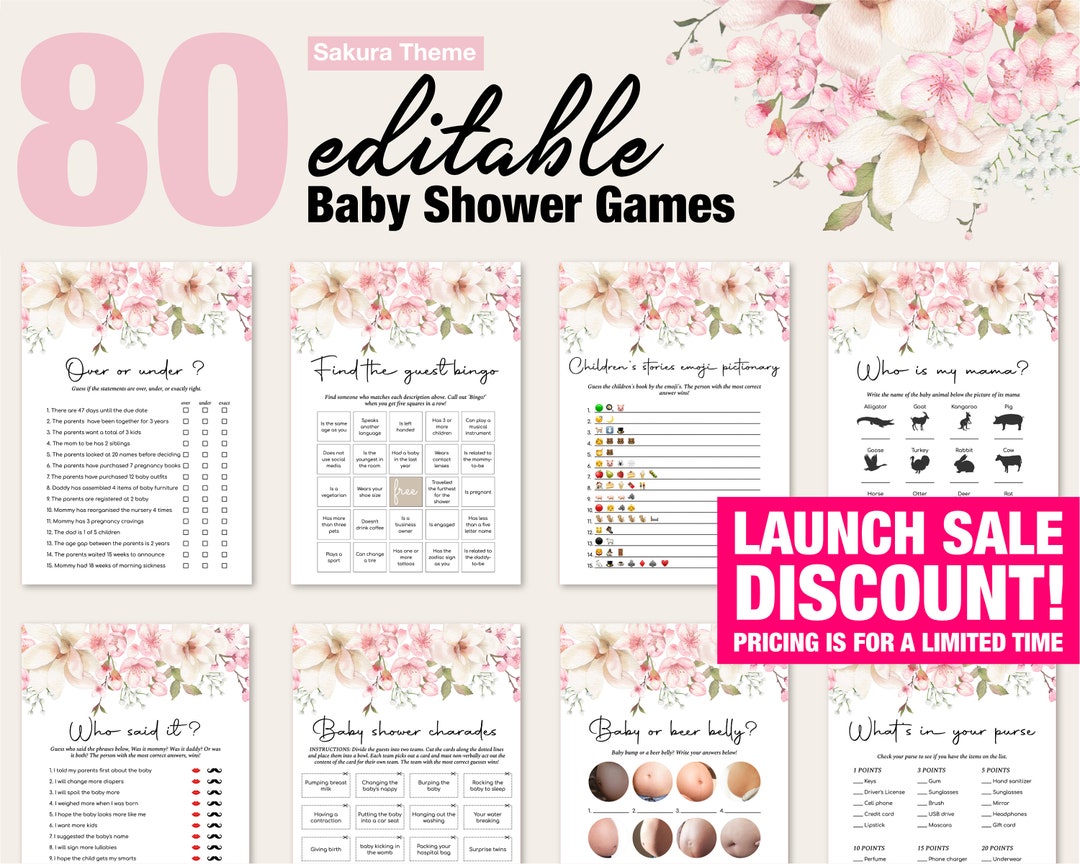 Sakura Cherry Blossom Baby Shower Games Printable Pack, Pink White Baby ...