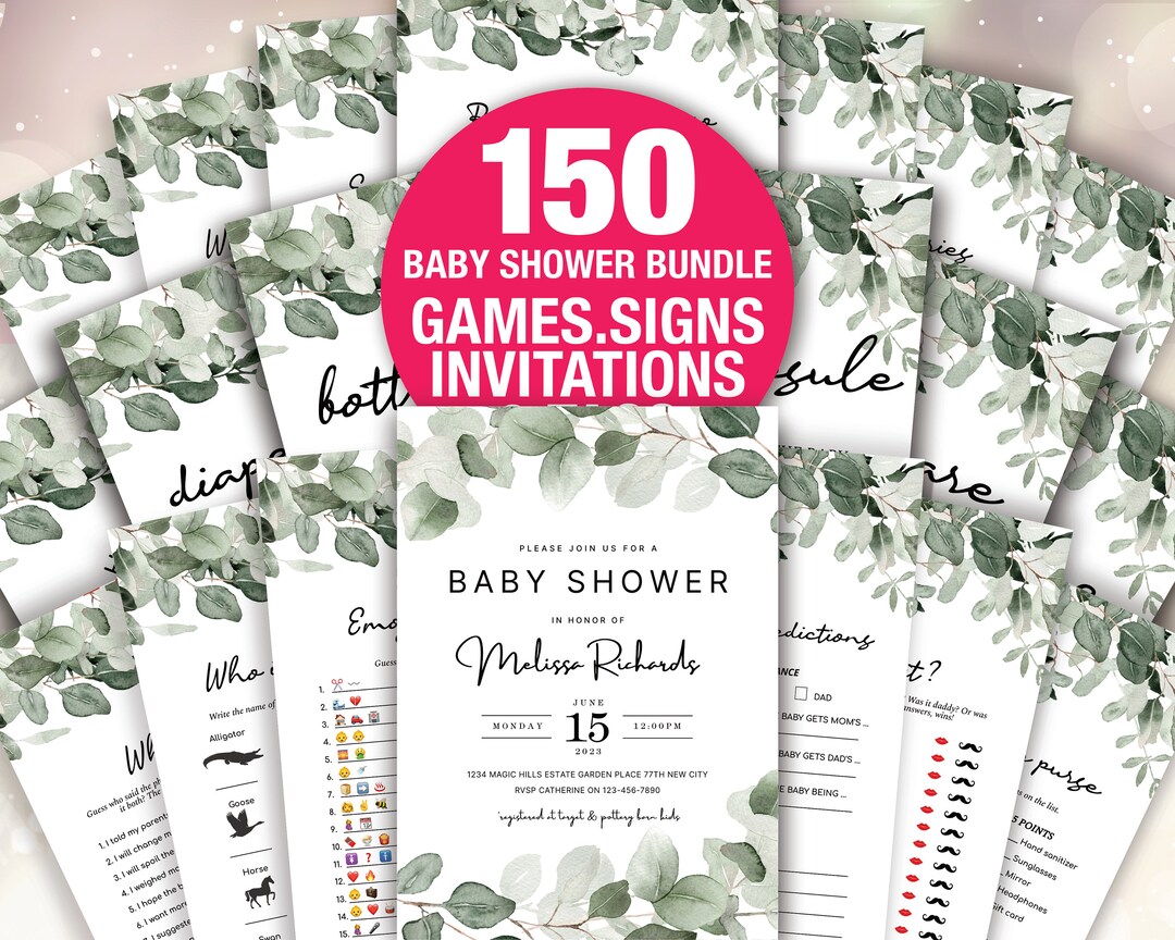 Eucalyptus and Ferns Greenery Baby Shower Game Bundle, Oh Baby Tropical ...
