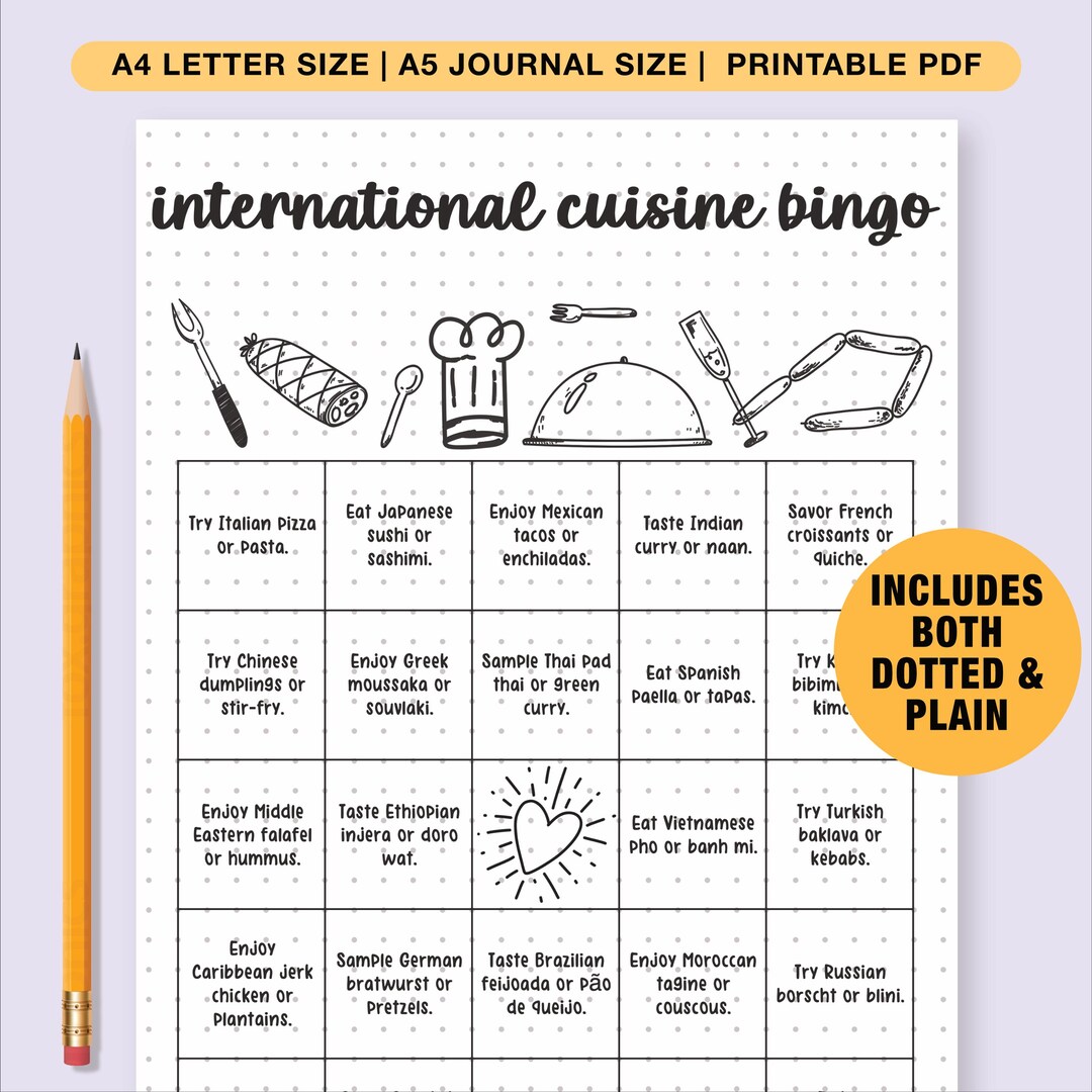 International Cuisine Bingo Game Food Activities Printable Journal Page ...
