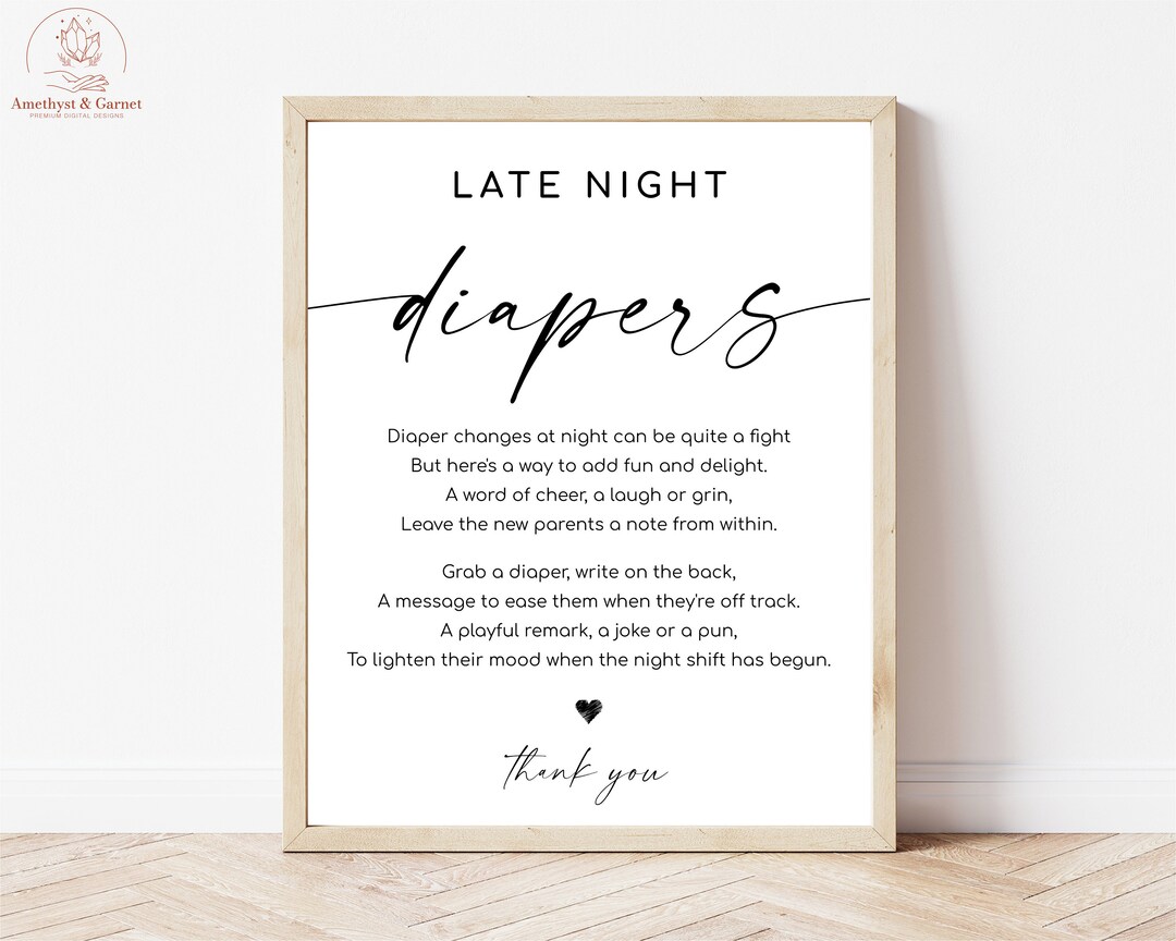 Late Night Diapers Game, Minimal, Modern, Rustic, Baby Shower Sign ...