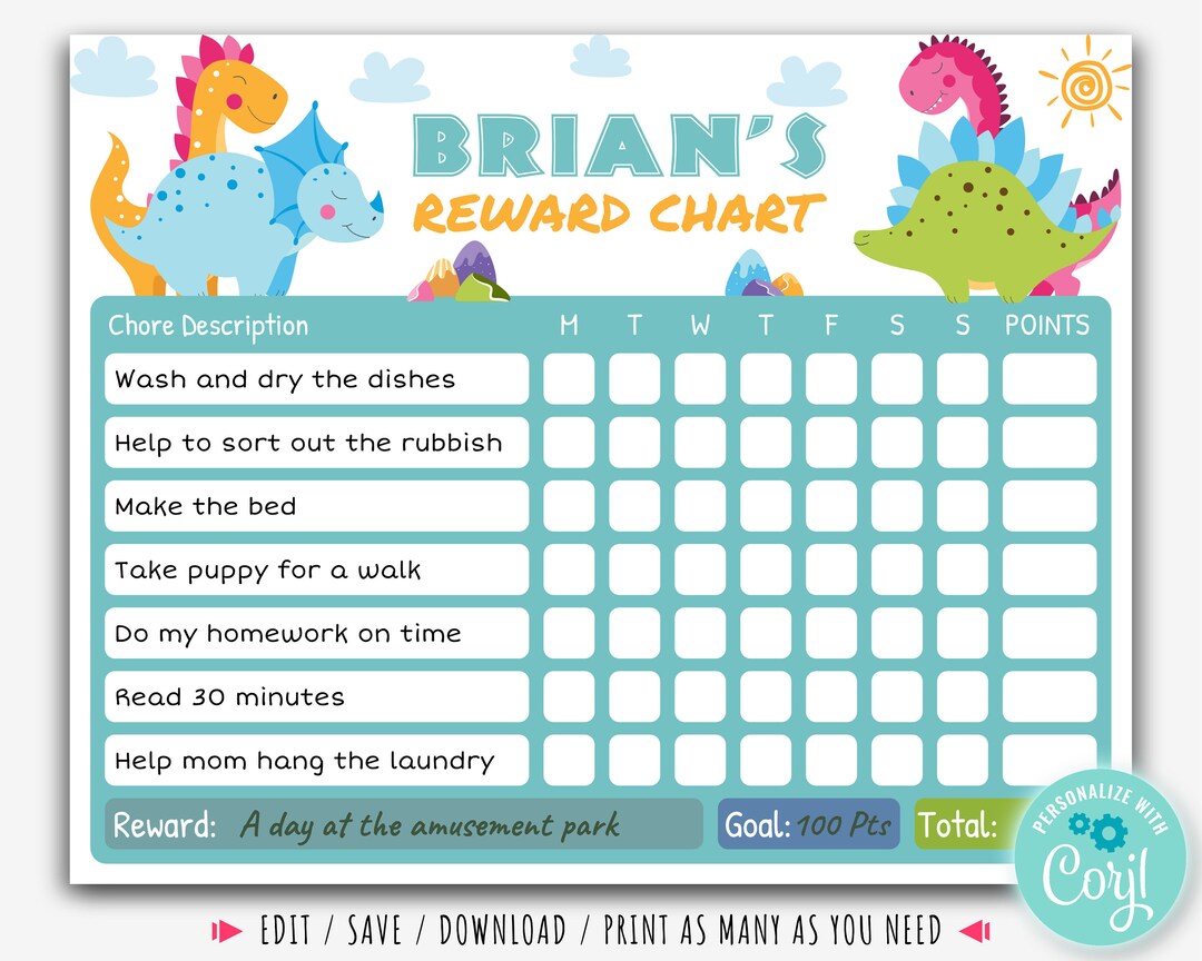 Cute Dino Editable Reward Chart, Behavior Chart, Daily Chore Chart ...