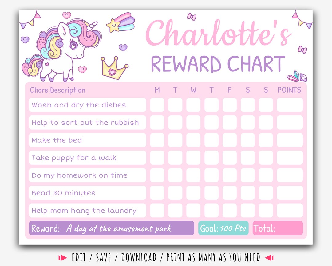 Unicorn Cute Magical Reward Chart, Behavior Chart, Daily Chore Chart ...