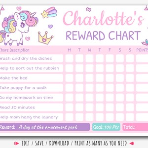 Unicorn Cute Magical Reward Chart, Behavior Chart, Daily Chore Chart ...