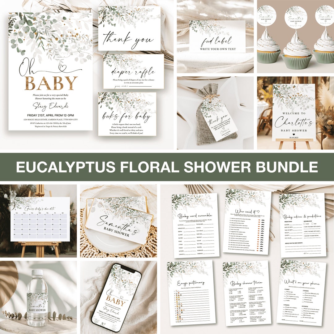 Eucalyptus & Gold Lush Greenery Baby Shower Game Bundle, Oh Baby ...