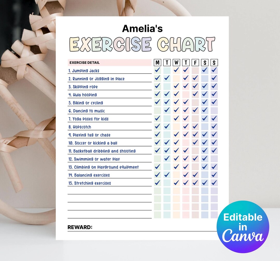 Editable Exercise Chart for Kids - Behavior Tracking Chart - Reward ...