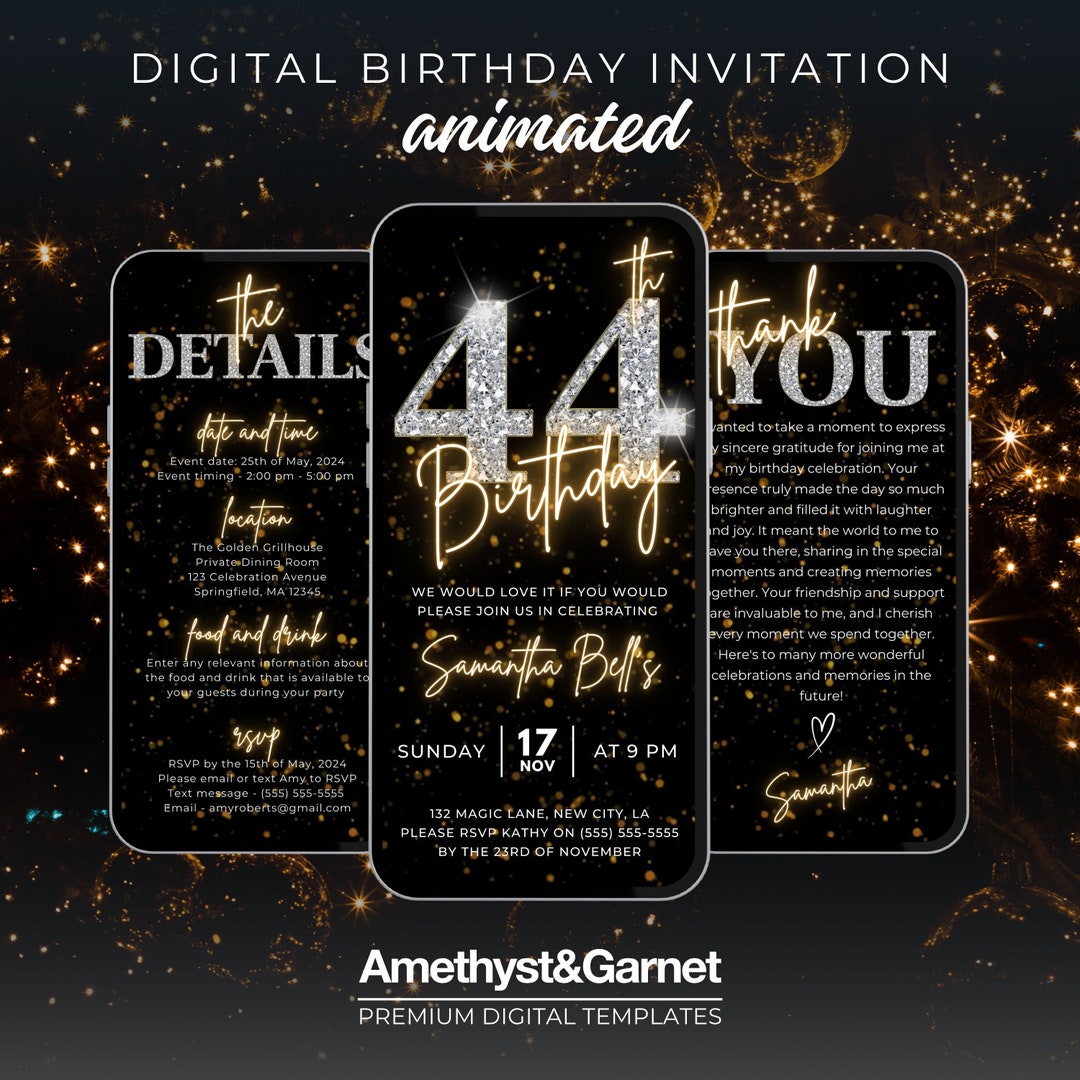 44th Birthday Party Digital Diamond Yellow Invitation, Electronic Phone ...