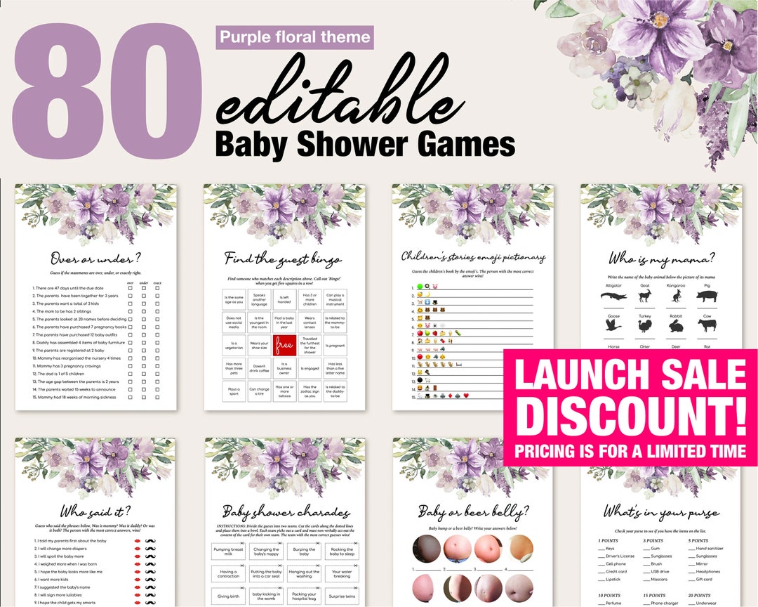 Purple Floral Lush Baby Shower Game Bundle Oh Baby Tropical - Etsy