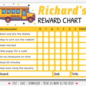 EDITABLE School Bus Reward Chart, Behavior Chart, Daily Chore Chart ...
