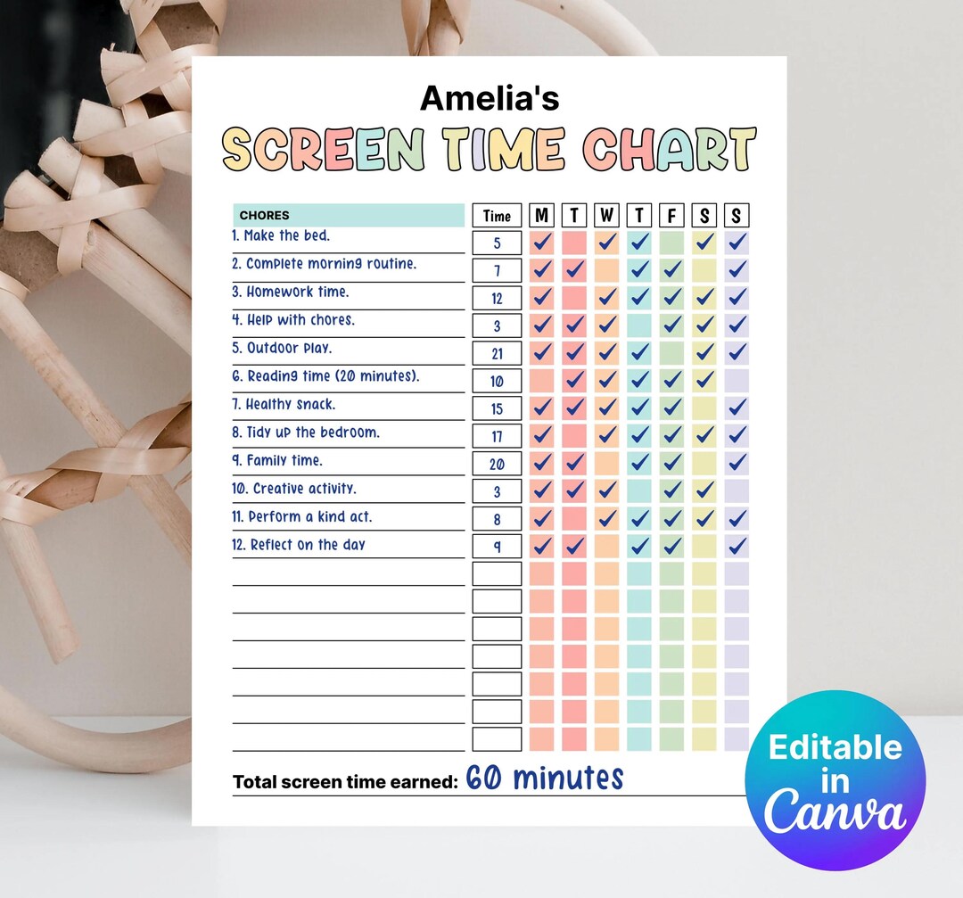 Editable Screen Time Chart Kids | Printable, Digital | Screen Time ...