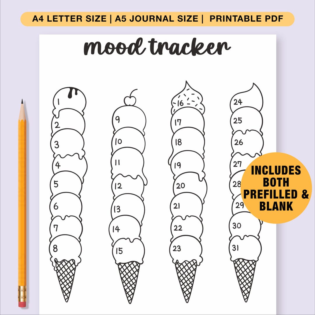 Ice Cream Cones Mood Printable Tracker Monthly Journal Page Planner ...