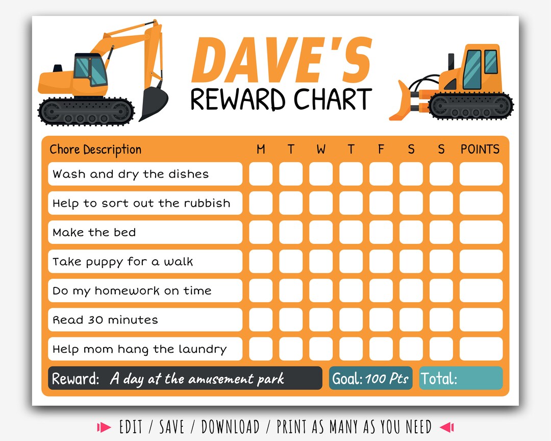EDITABLE Construction Reward Chart, Behavior Chart, Daily Chore Chart ...