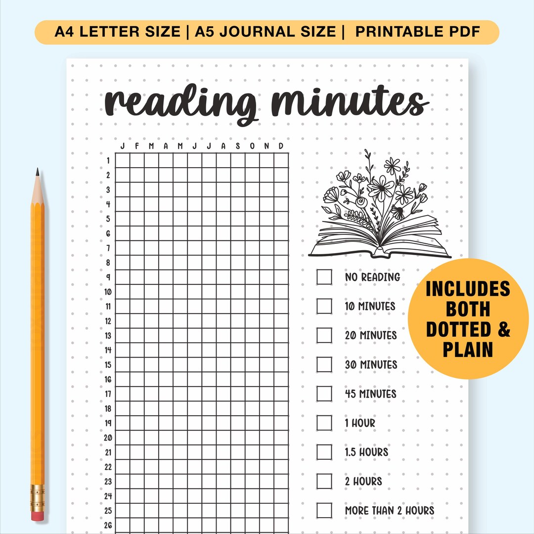 Reading Minutes Tracker, Printable Reading Habit Journal, Simple Daily ...