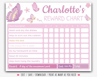 Editable Butterfly Chore Chart, Kid Responsibility Chart, Reward Chart ...