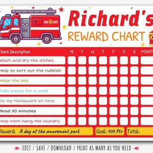 EDITABLE Fireman Reward Chart, Behavior Chart, Daily Chore Chart ...