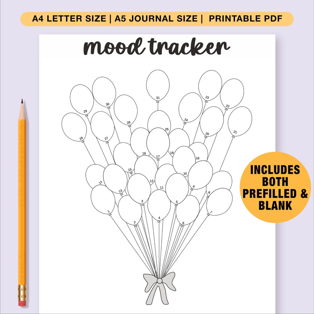 Balloons Mood Printable Tracker Monthly Journal Page Planner Page ...
