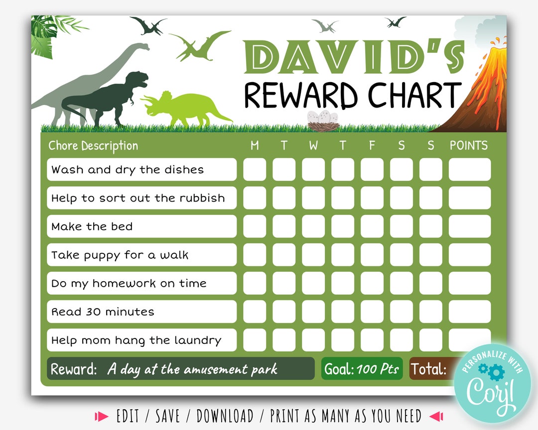 Dinosaur Editable Reward Chart, Behavior Chart, Daily Chore Chart ...