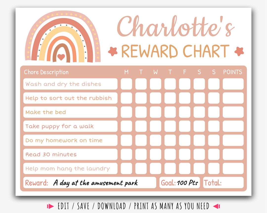 BOHO RAINBOW Editable Reward Chart, Behavior Chart, Daily Chore Chart ...