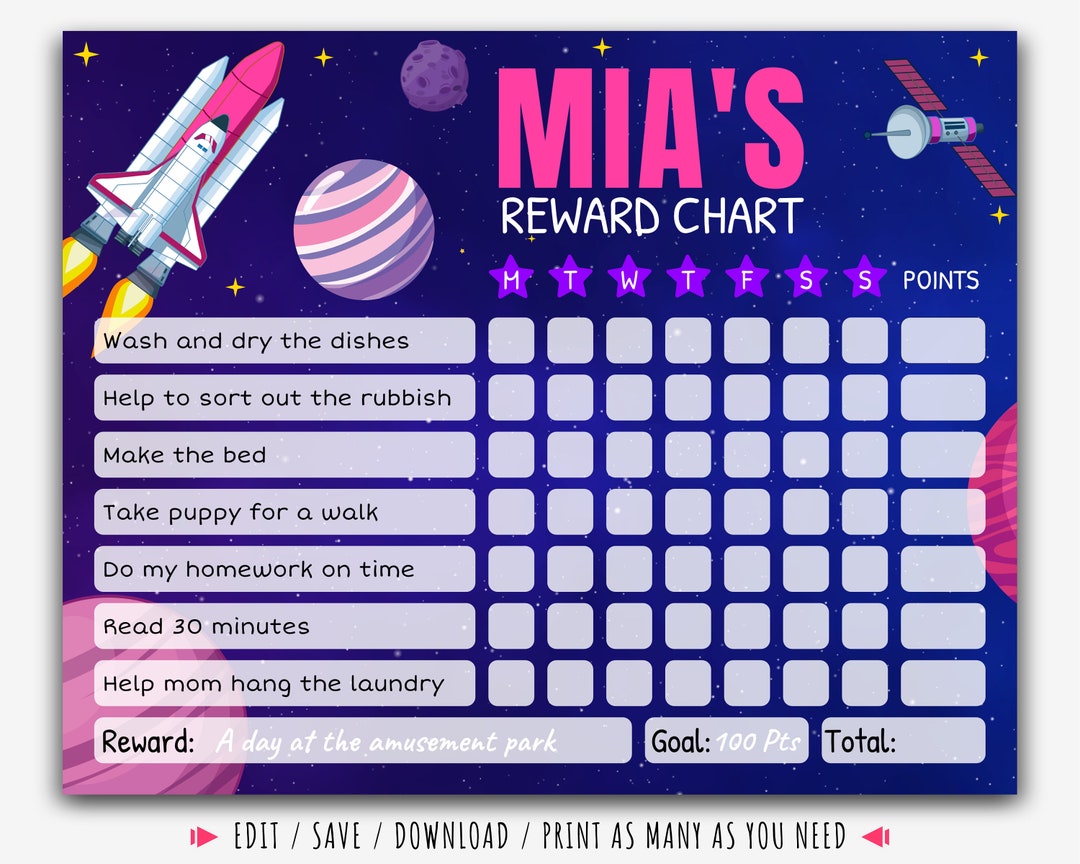 EDITABLE Spaceship Reward Chart, Behavior Chart, Daily Chore Chart ...