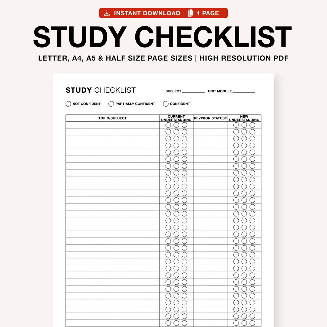 Study Checklist, Printable Planner, Study Tracker, Study List, Revision ...