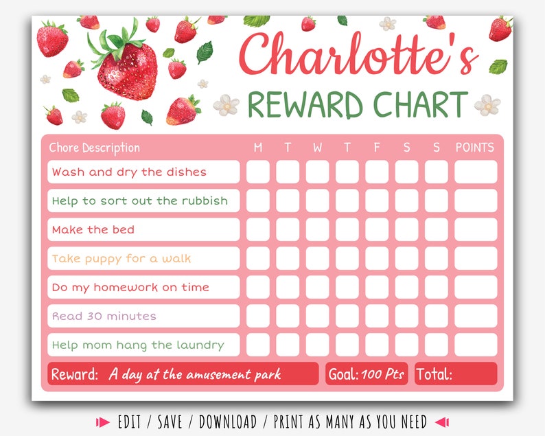 EDITABLE Strawberry Reward Chart Behavior Chart Daily Chore - Etsy