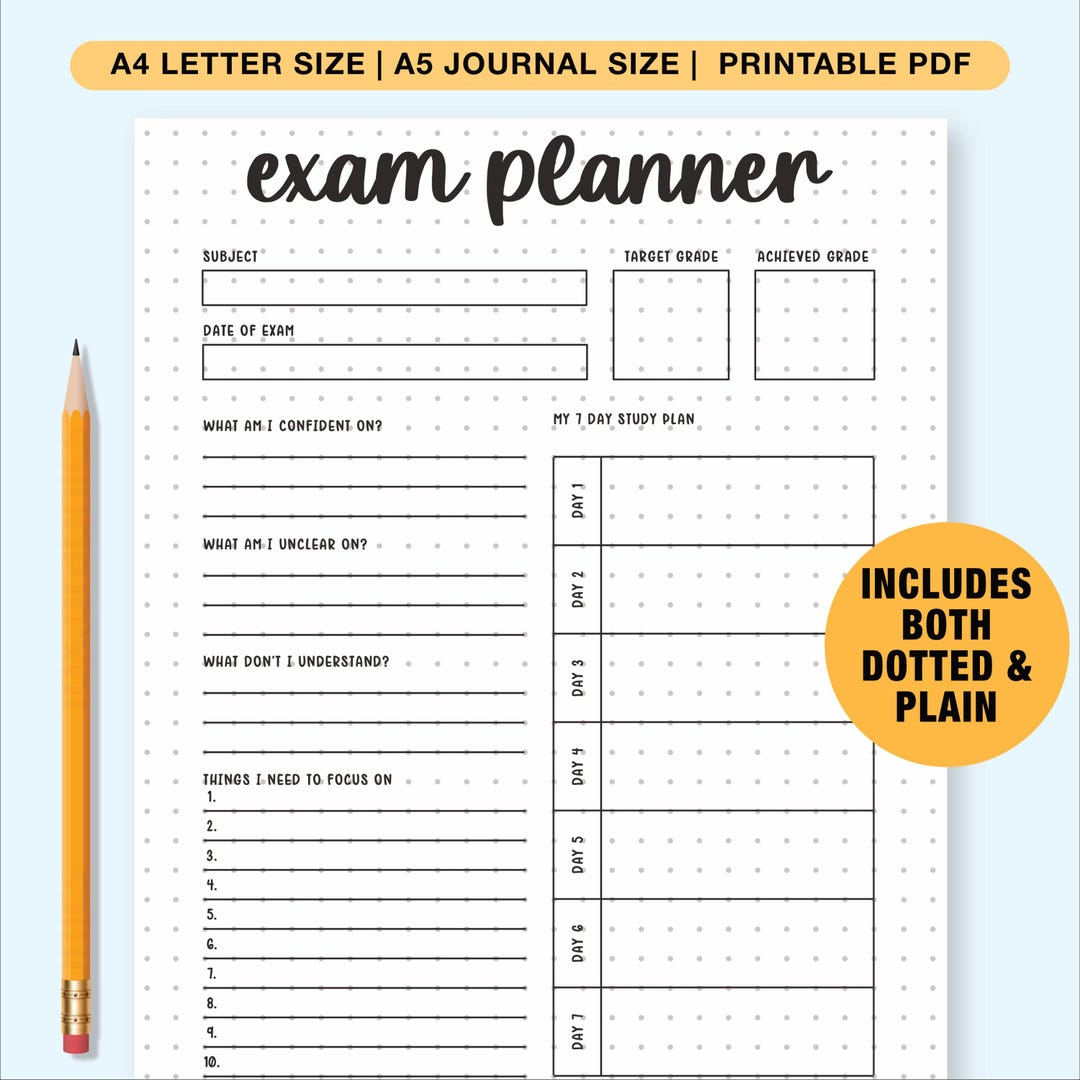 Exam Prep Planner Printable Journal Page | Exam Study Kit ...