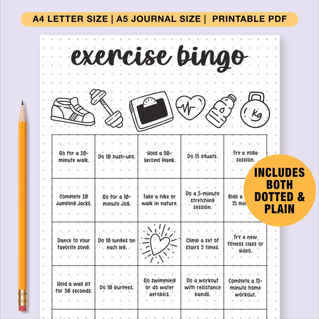 Exercise Bingo Printable Journal Game Page Workout Tracker Fitness ...