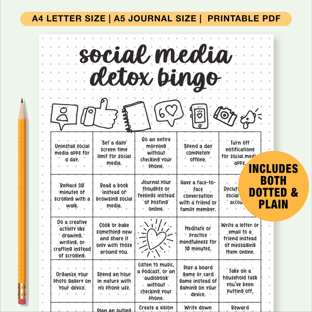 Social Media Detox Bingo Card Game, Mental Health Bingo, Self Care ...