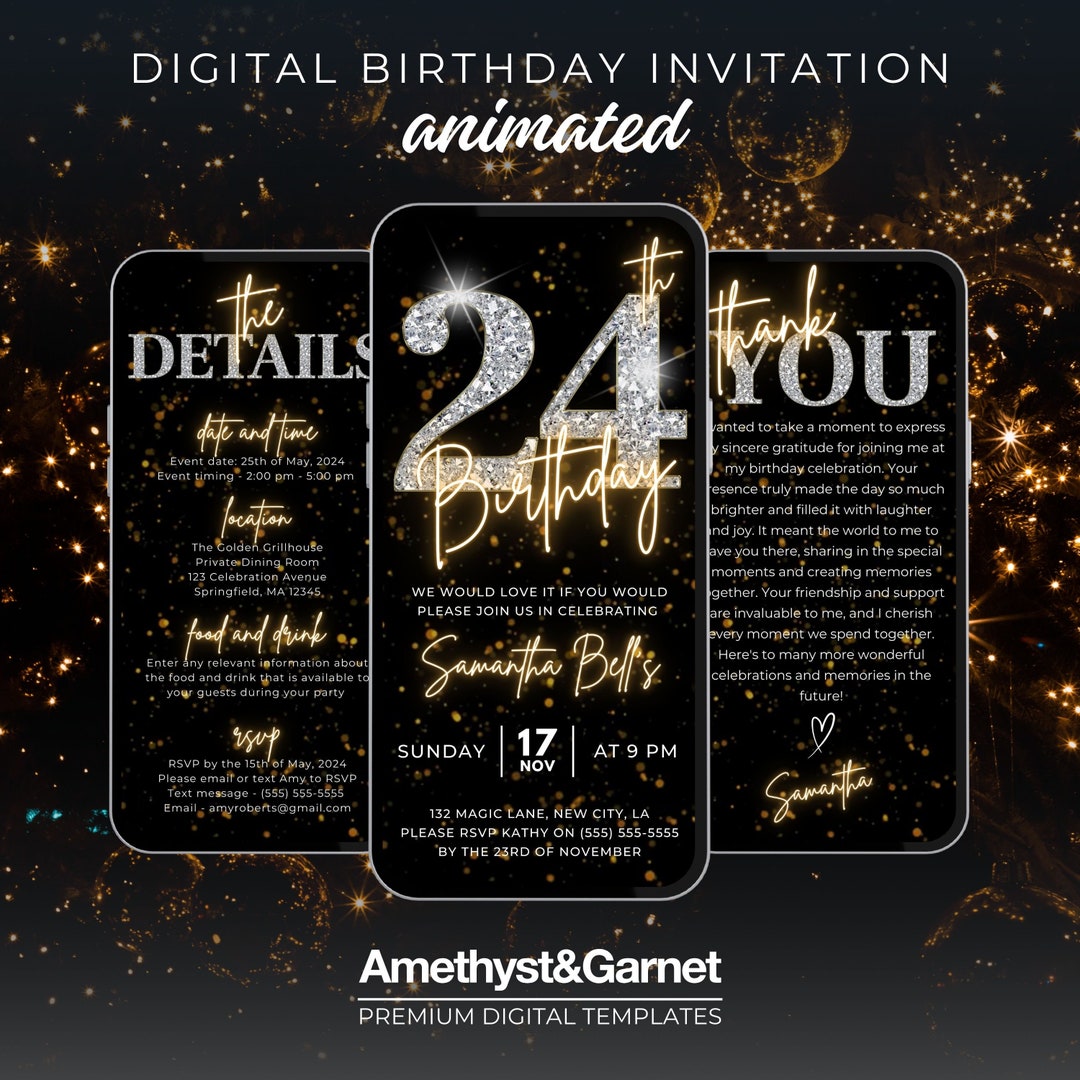24th Birthday Party Digital Diamond Yellow Invitation, Electronic Phone ...