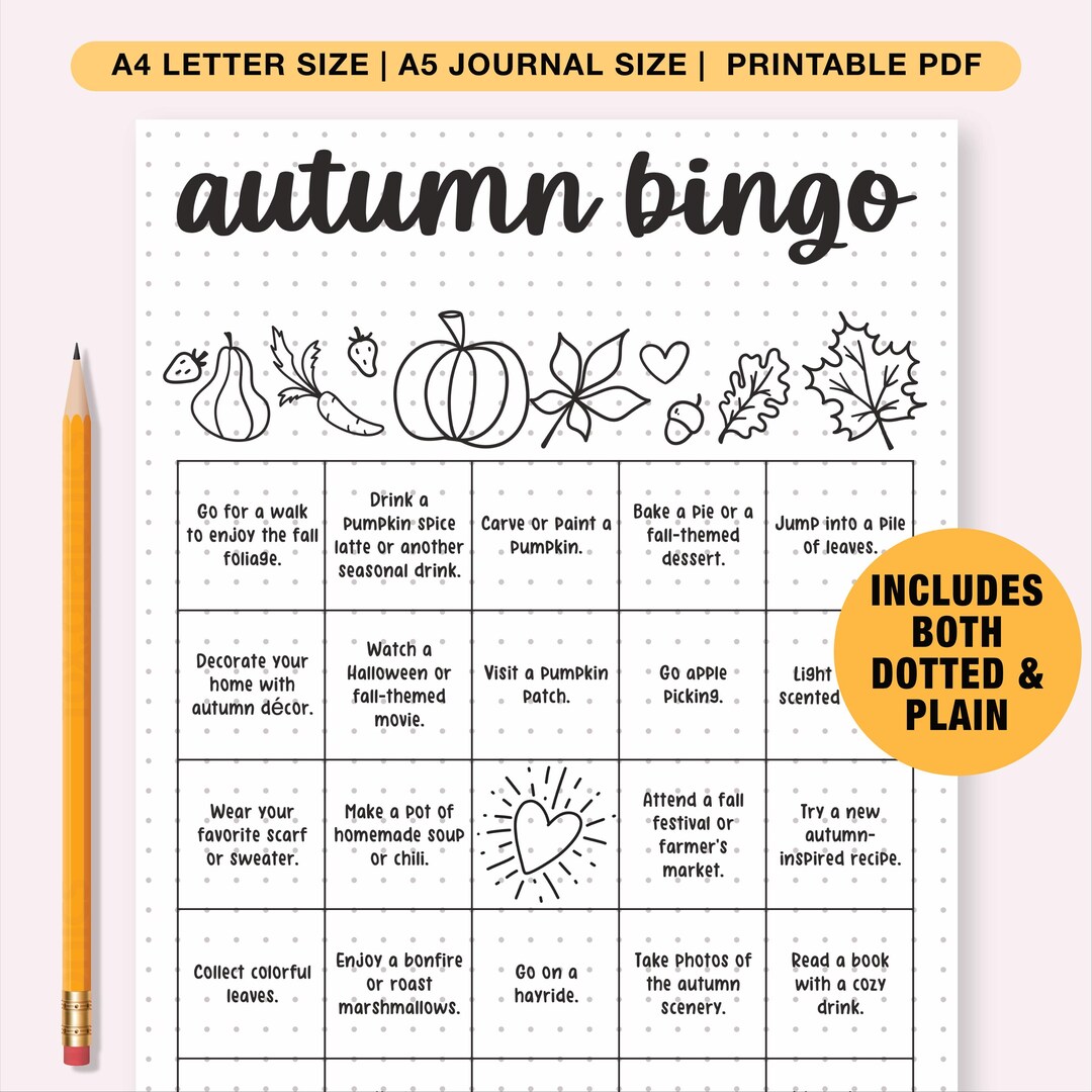 Autumn Bingo Printable Journal Game Page, Fall Bingo Game, Fall ...