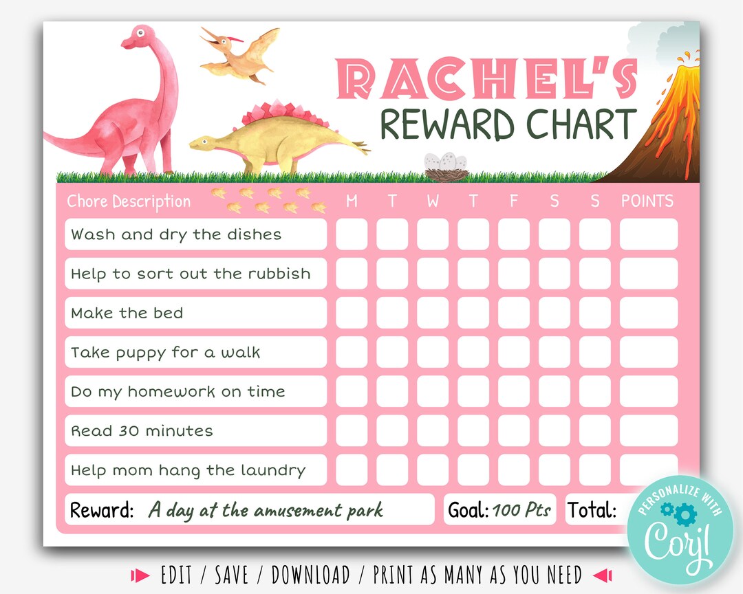 Cute Dinosaur Editable Reward Chart, Behavior Chart, Daily Chore Chart ...
