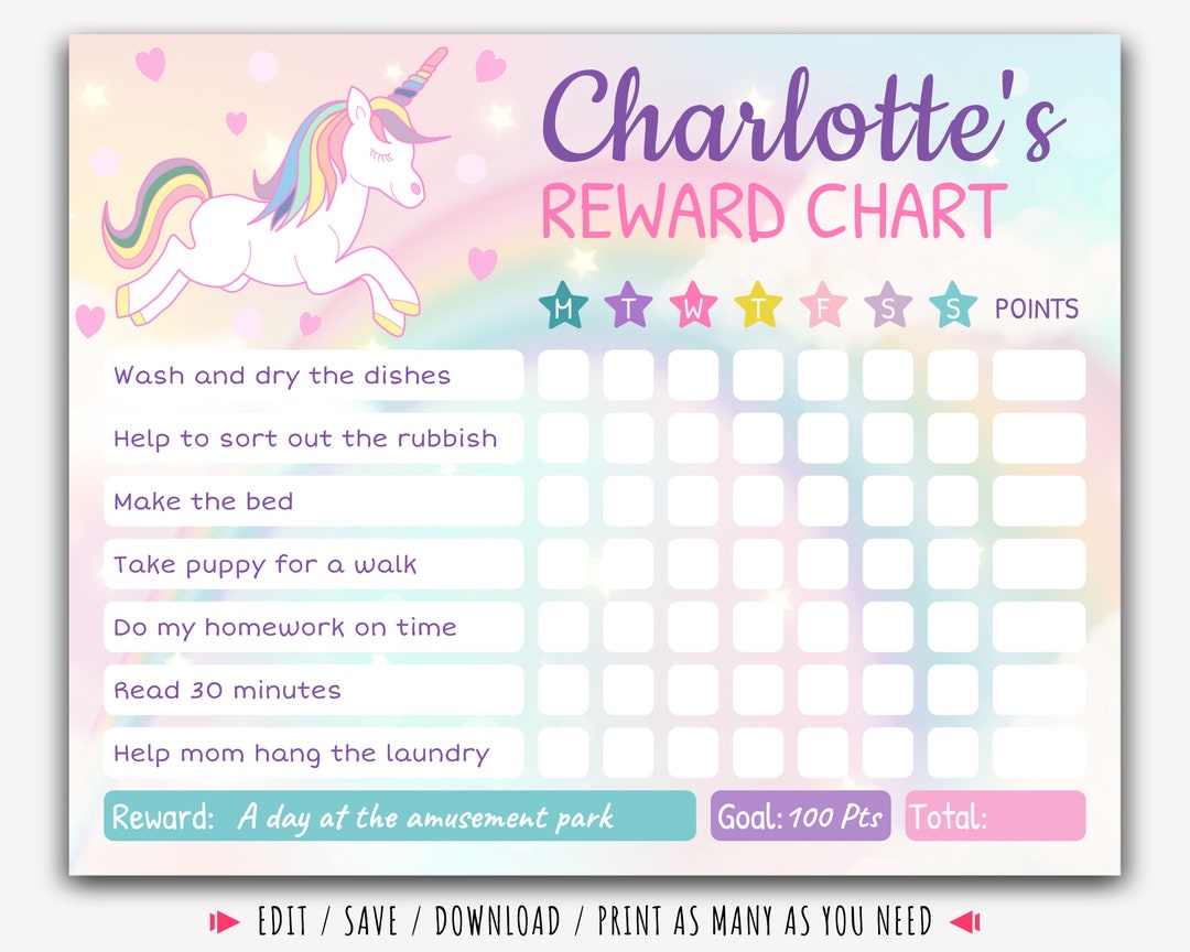 Cute Magical Unicorn Reward Chart, Behavior Chart, Daily Chore Chart ...