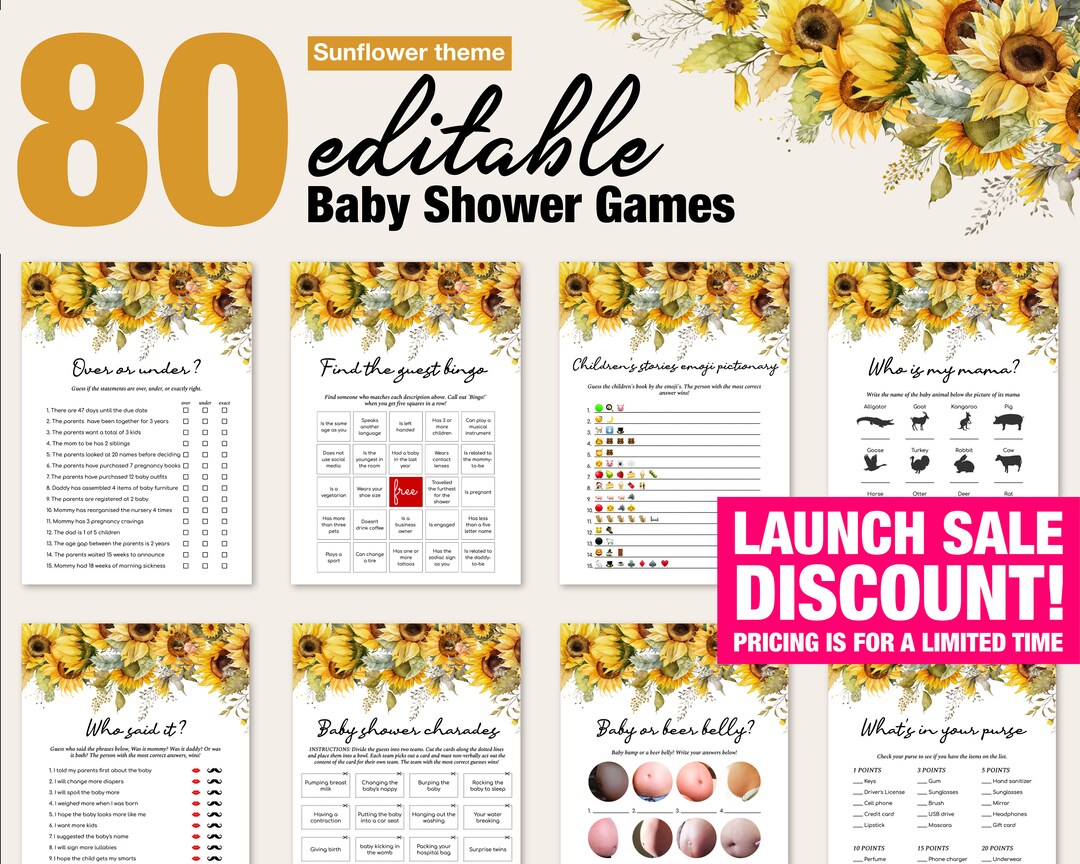 Sunflower Floral Yellow Baby Shower Game Bundle Girl Rustic - Etsy