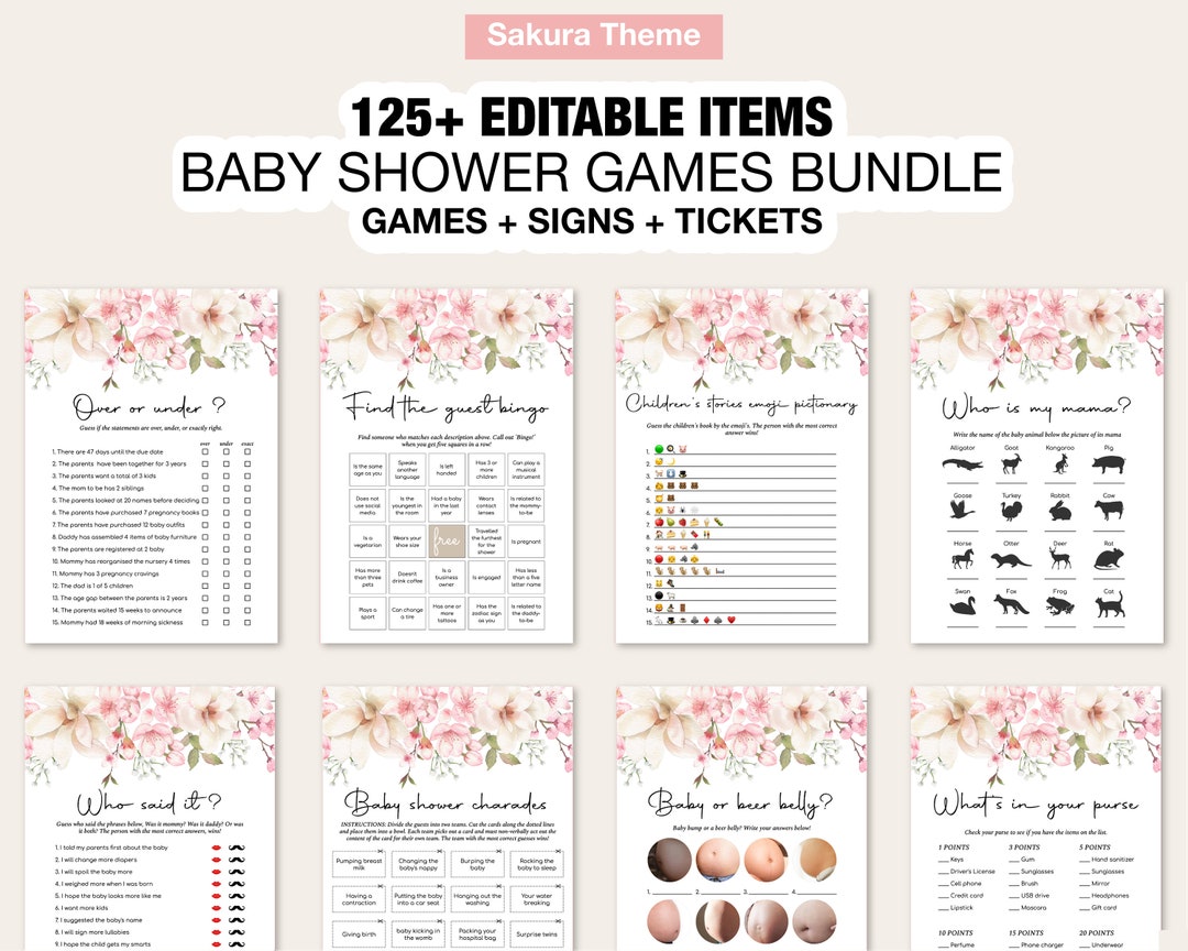 Sakura Cherry Blossom Baby Shower Games Printable Pack, Pink White Baby ...