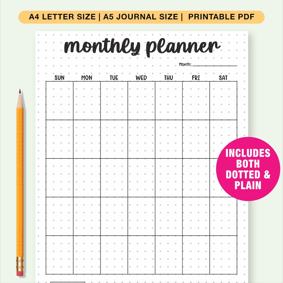 Undated Monthly Planner Printable Landscape, Monday & Sunday Start, Ink ...