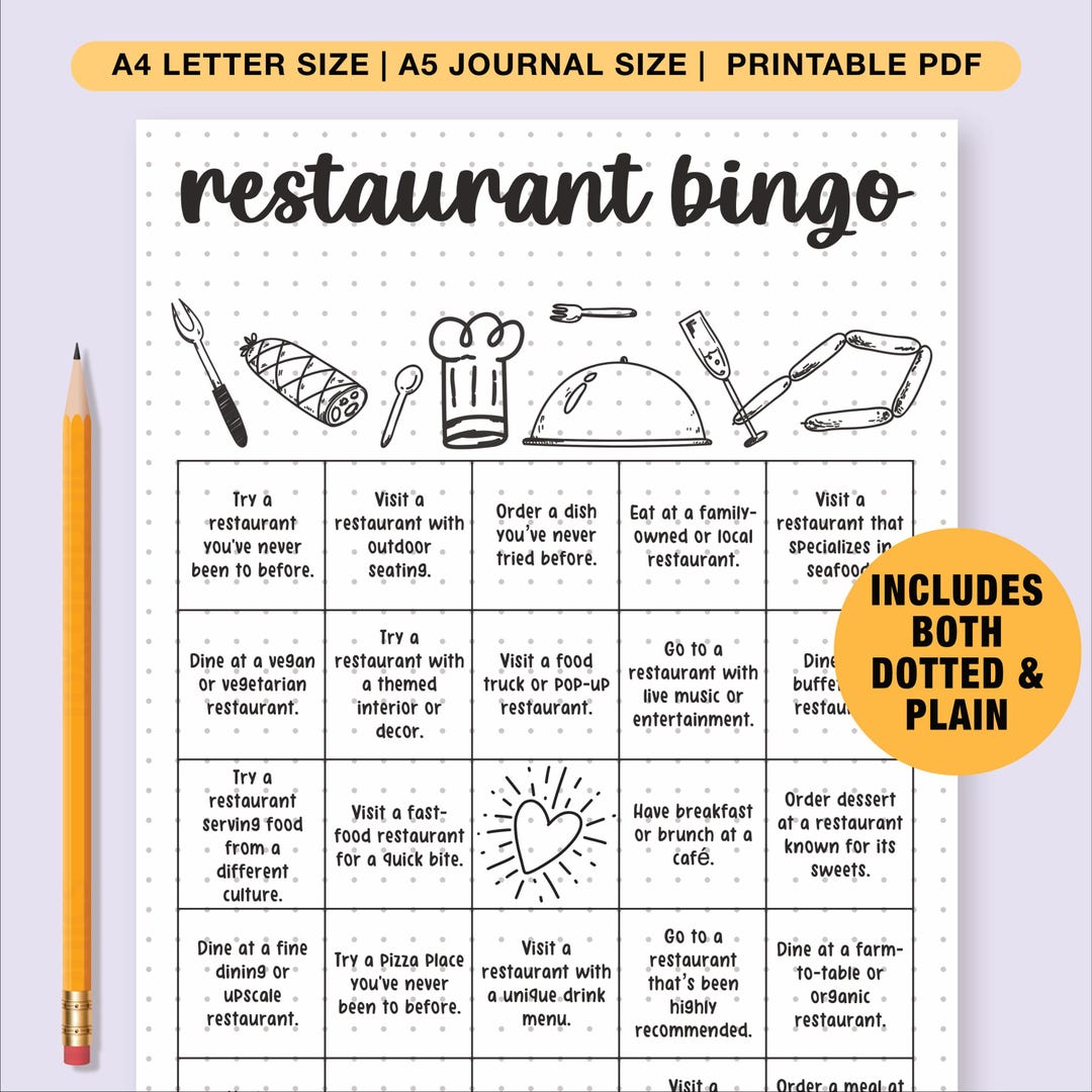 Restaurant Bingo, Food Bingo, Family Night Chart, Food Journal, Family ...