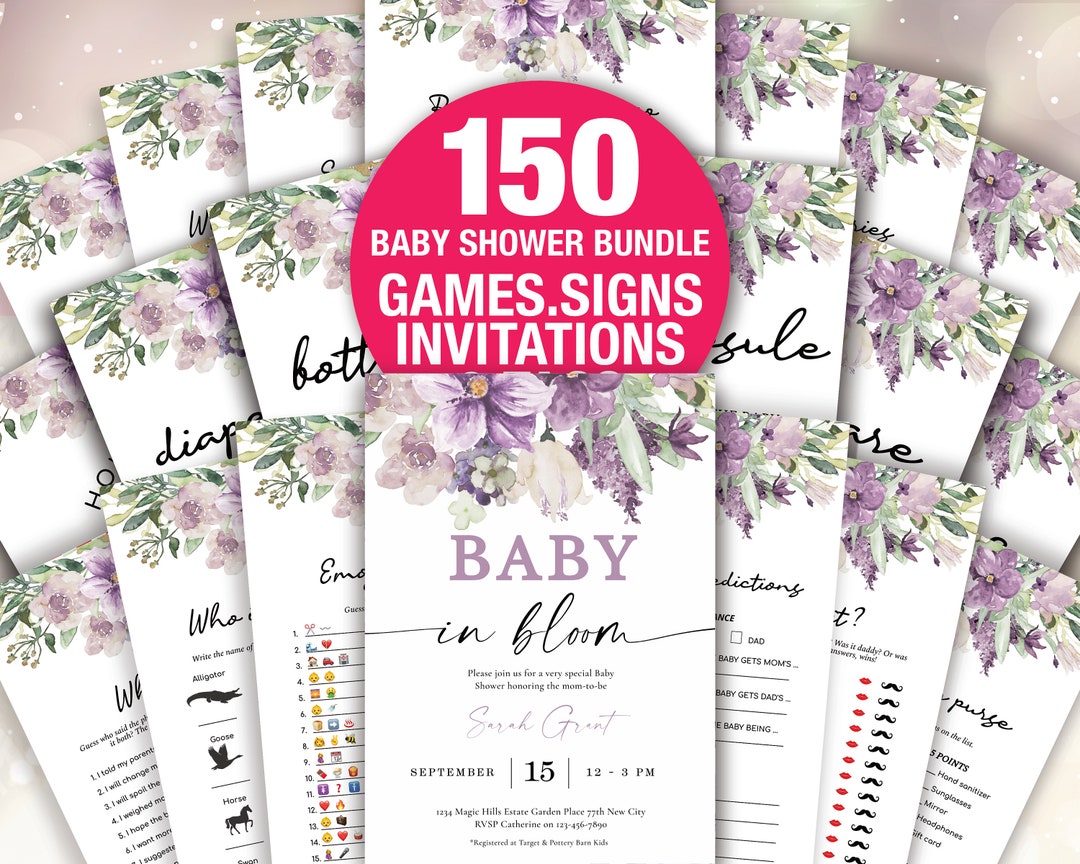 Purple Floral Lush Baby Shower Game Bundle, Oh Baby Tropical Baby ...